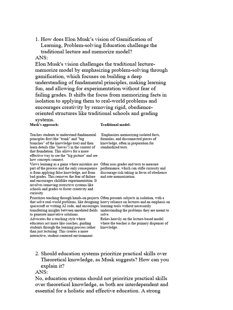 Musk's Gamification vs. Traditional Education | PDF | Cognition ...