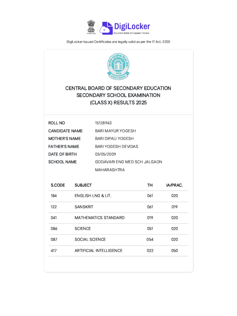 Class X Results 2025 - DigiLocker Certificate | PDF