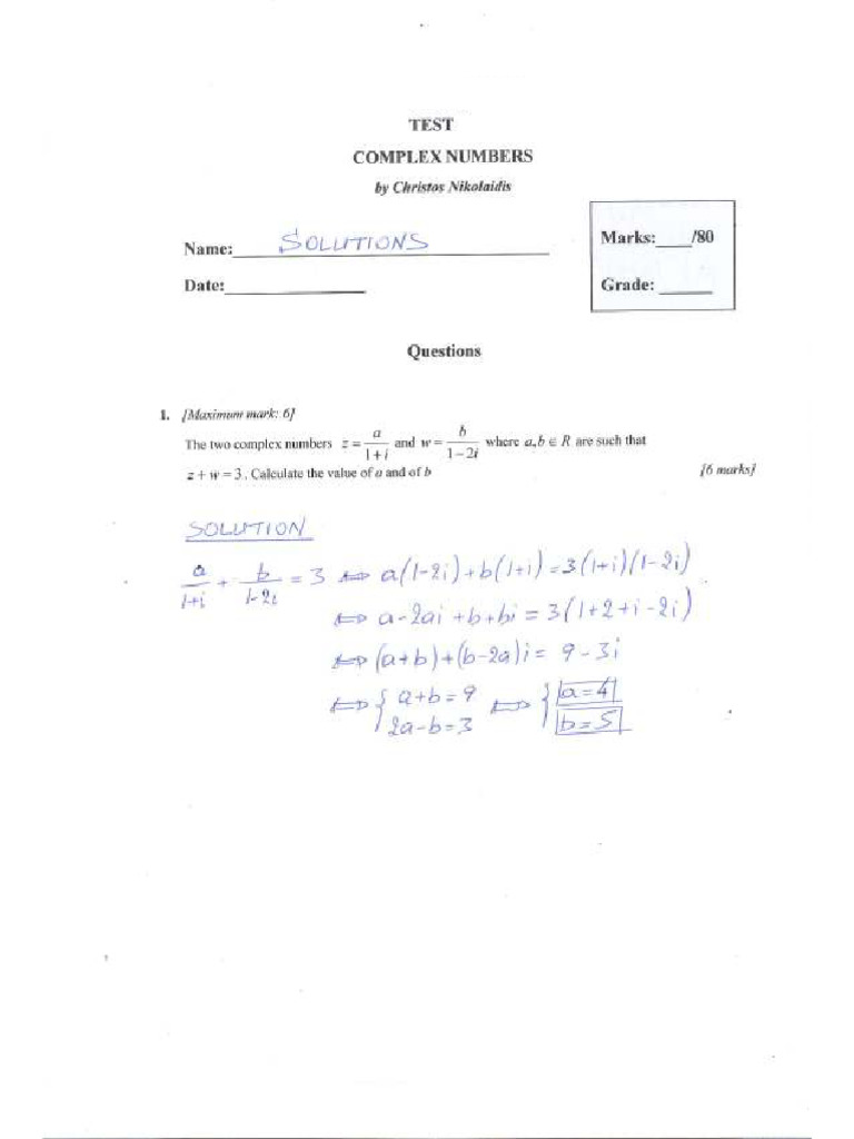 Test 4. Complex Numbers (Solutions) | PDF