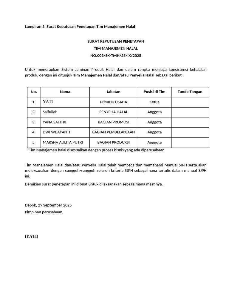 Surat Keputusan Tim Manajemen Halal | PDF