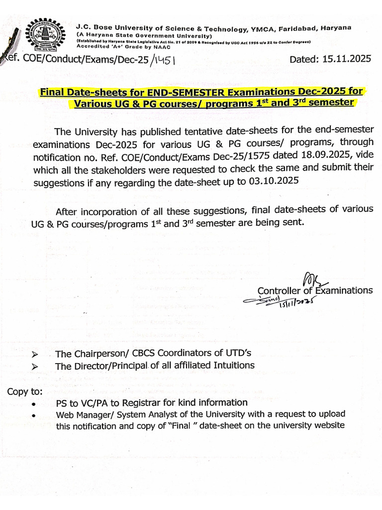 Final Date-Sheets For END-SEMESTER Examinations Dec-2025 For Various PG ...