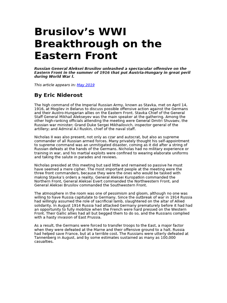 Brusilov's WWI Breakthrough On The Eastern Front | PDF | Trench Warfare ...