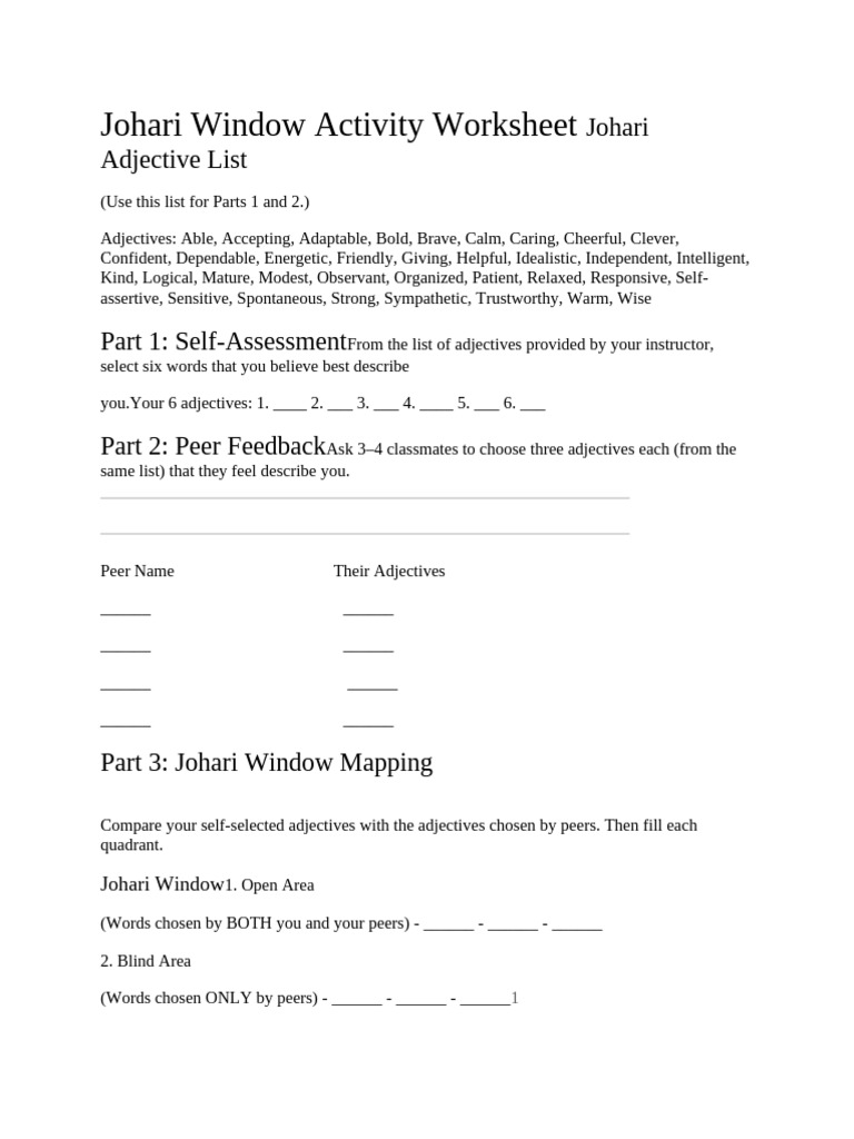 Johari Window Activity Worksheet | PDF