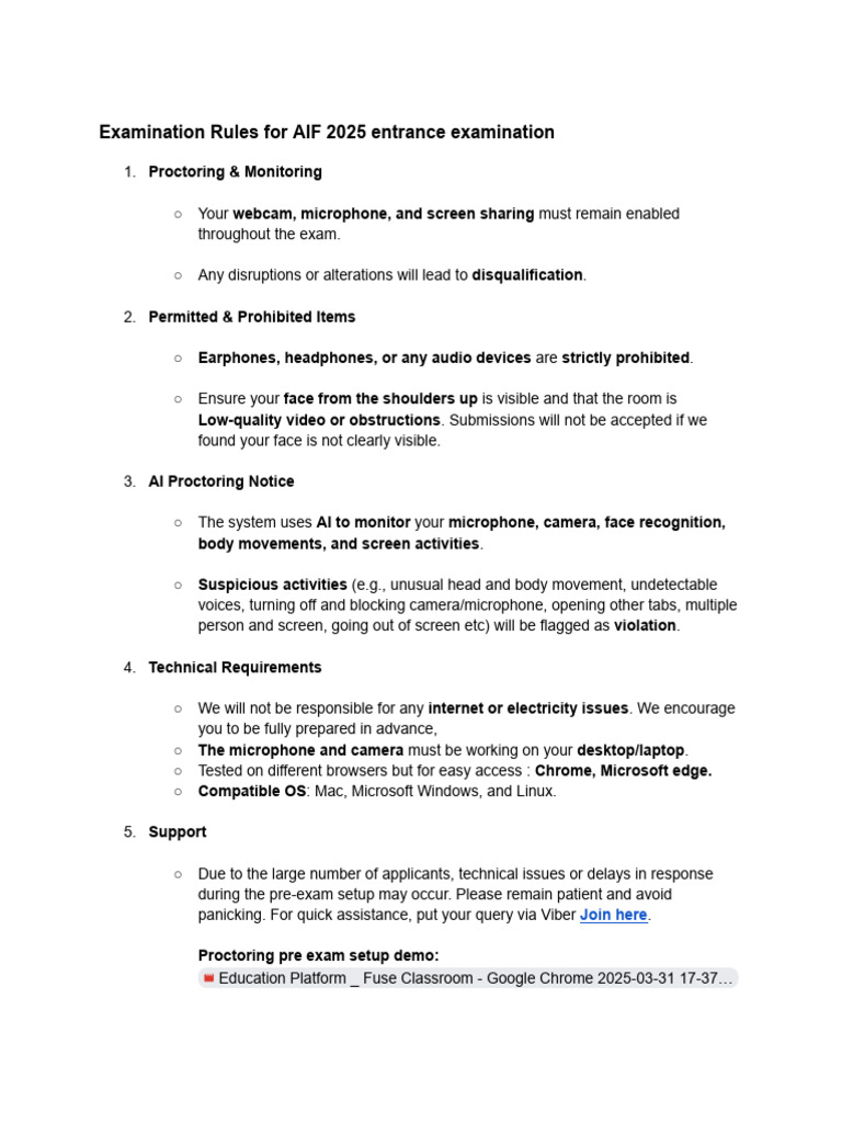 Announcement - AIF 2025 Entrance Examination Proctoring Guidelines | PDF