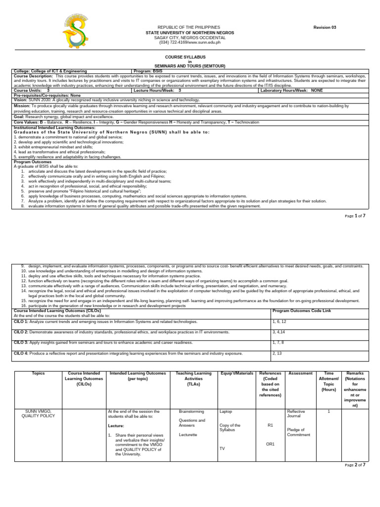 Course Syllabus for SEMTOUR in BSIS | PDF | System | Information
