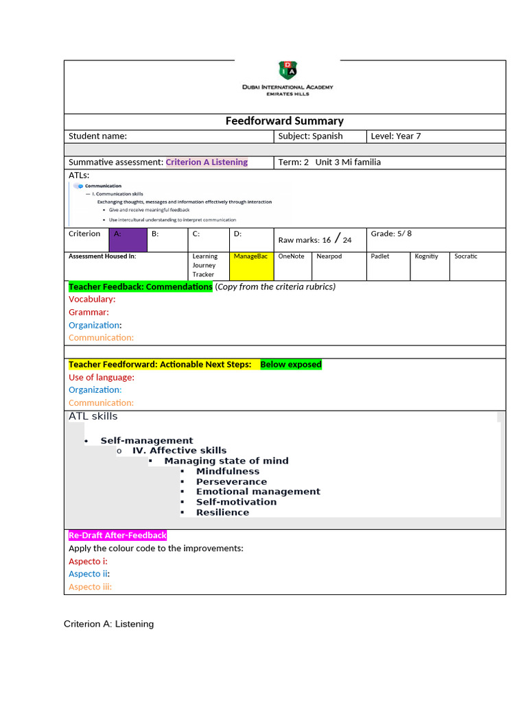 Year 7 Spanish Listening Assessment Summary | PDF