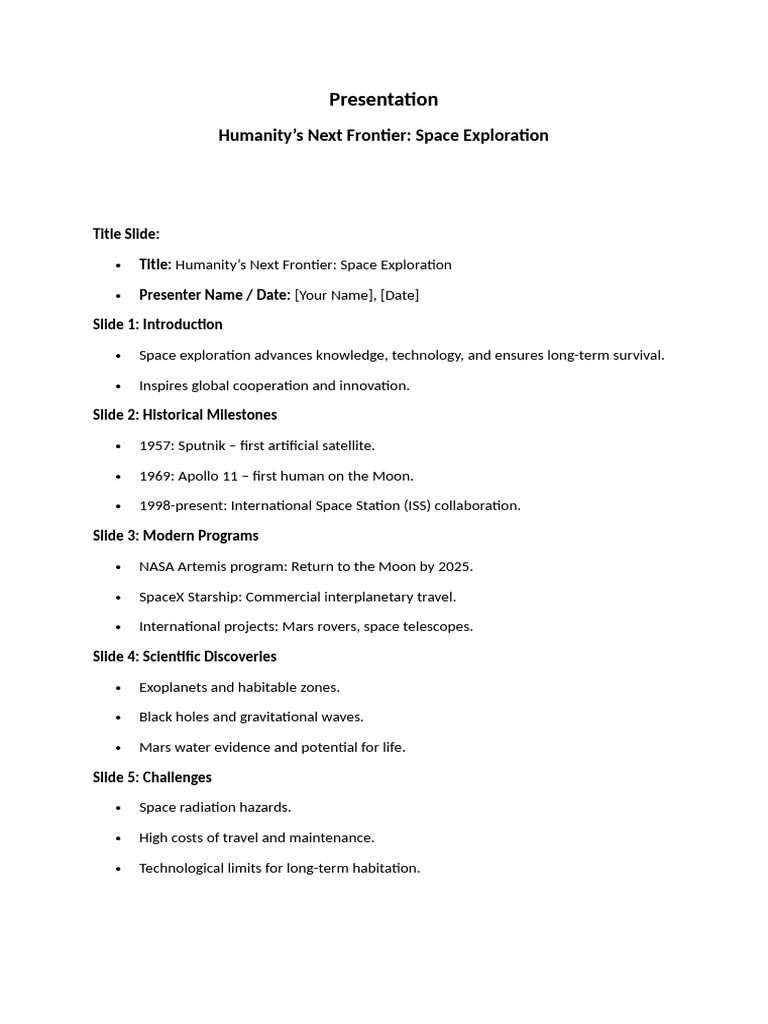 Presentation- Humanity’s Next Frontier-Space Exploration | PDF