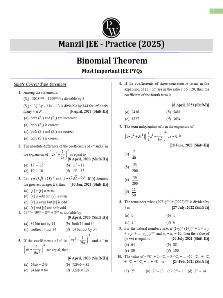 Binomial Theorem PYQ Sheet (Questions) Manzil JEE 2025 | PDF | Abstract ...