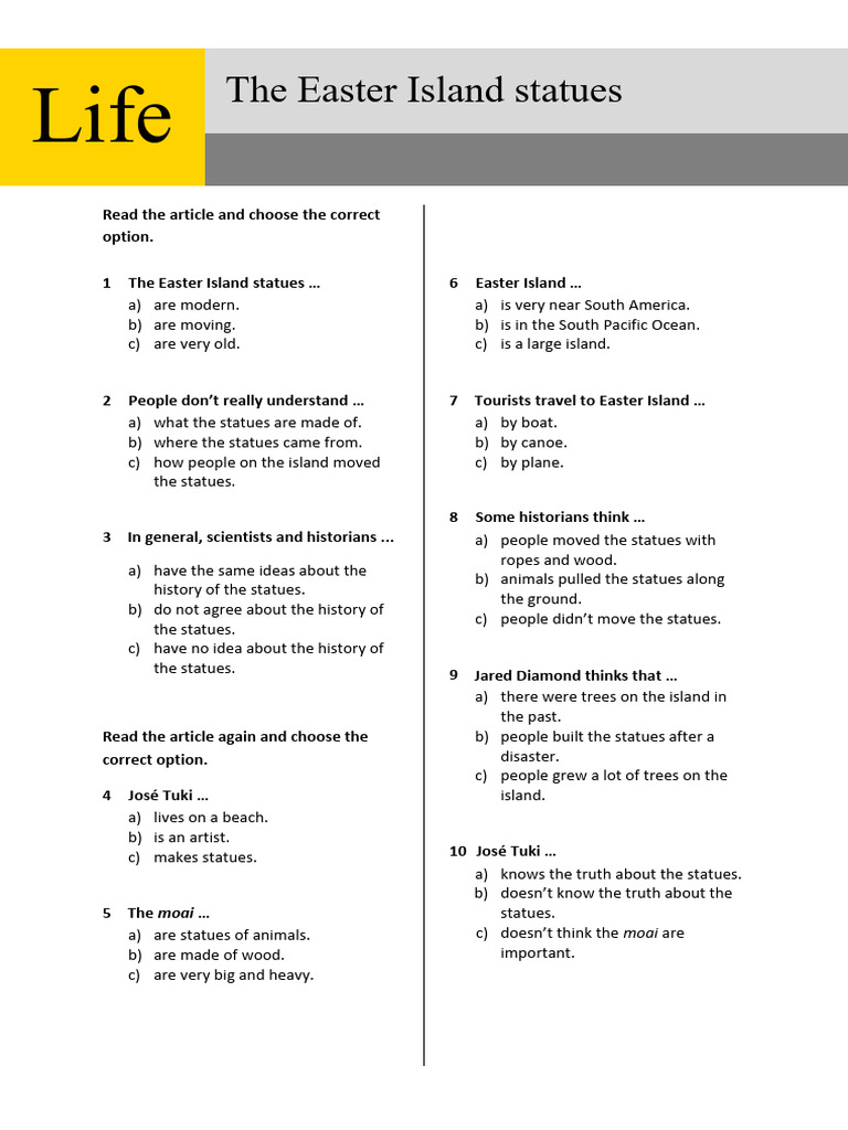Life3e BRE BegElem LessonResources Easter Island Reading Comprehension ...