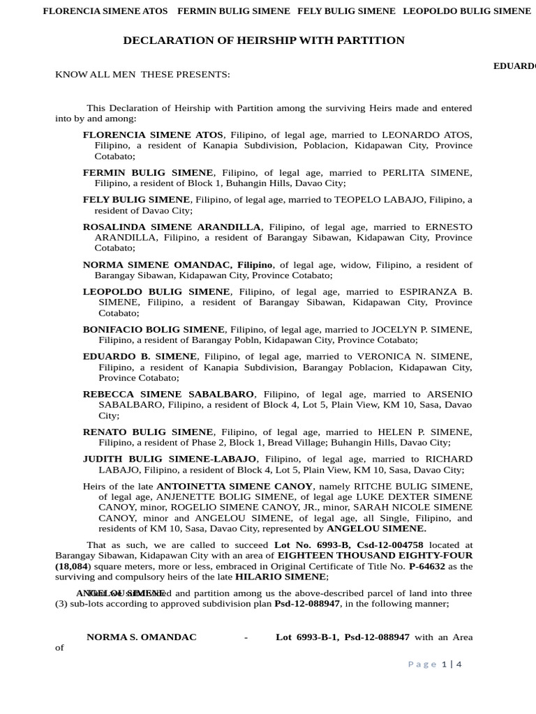Declaration of Heirship With Partition - Simene2 | PDF | Civil Law ...