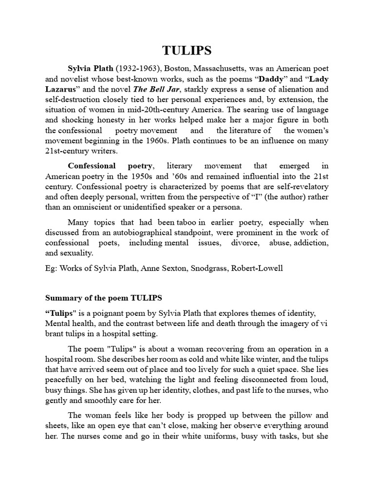 Sylvia Plath's "Tulips": Themes Explored | PDF | Sylvia Plath