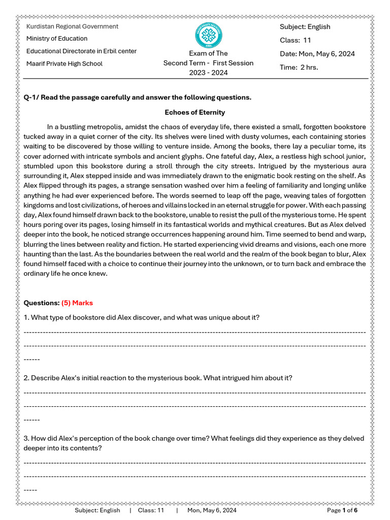 Grade 11 Final Exam T2 | PDF | Estella (Great Expectations) | Great ...