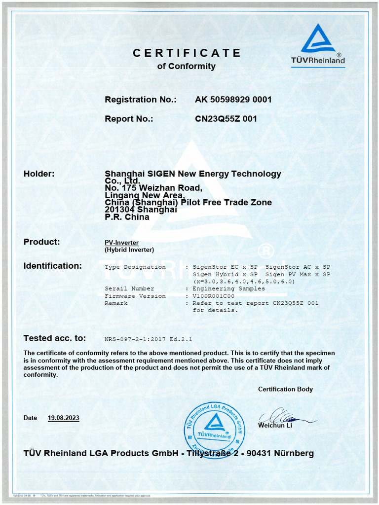 SigenStor EC, Sigen Hybrid&PV Max SP NRS-097 Certificate | PDF