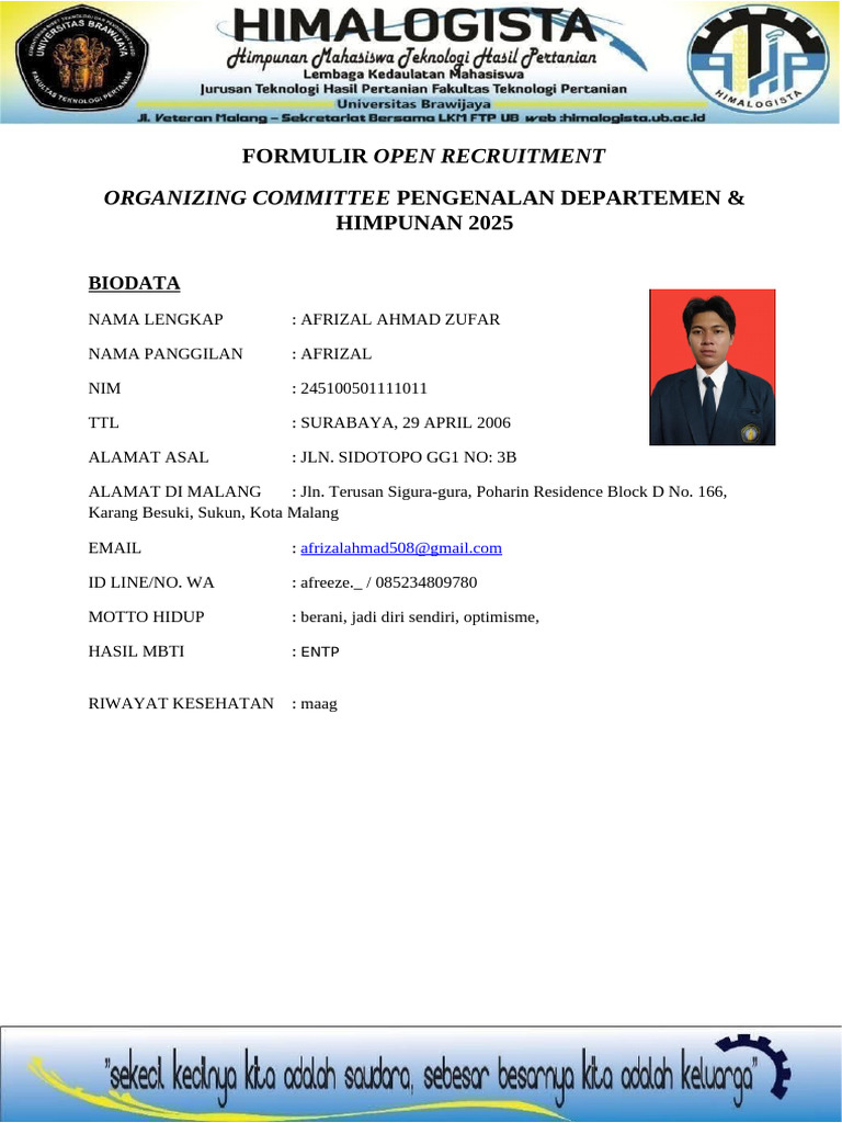 Formulir Open Recruitment Organizing Committee OPDH 2025 | PDF