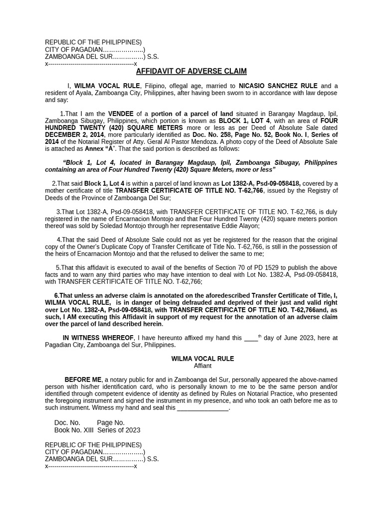 Aff of Adverse Claim Rule | PDF | Affidavit | Notary Public
