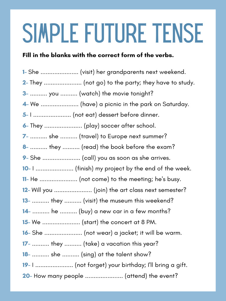 Simple Future Tense Worksheet in Blue White Basic Style | PDF