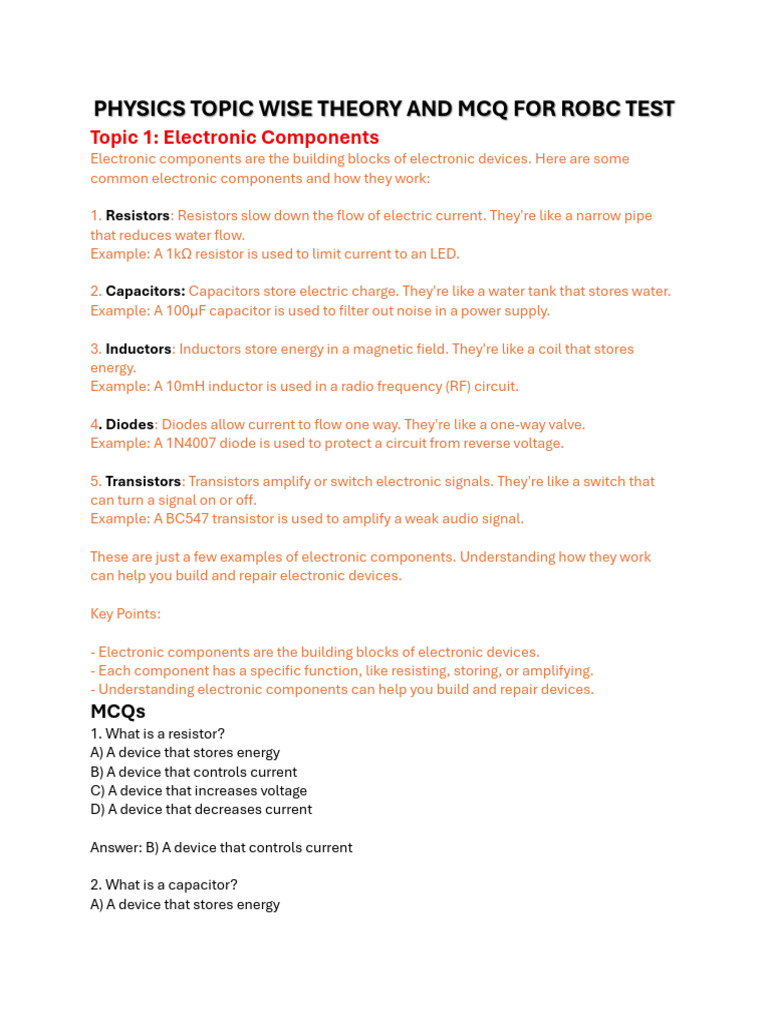 Physics MCQs on Electronic Components | PDF | Series And Parallel ...