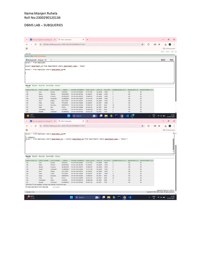 DBMS LAB (Sub Queries) | PDF