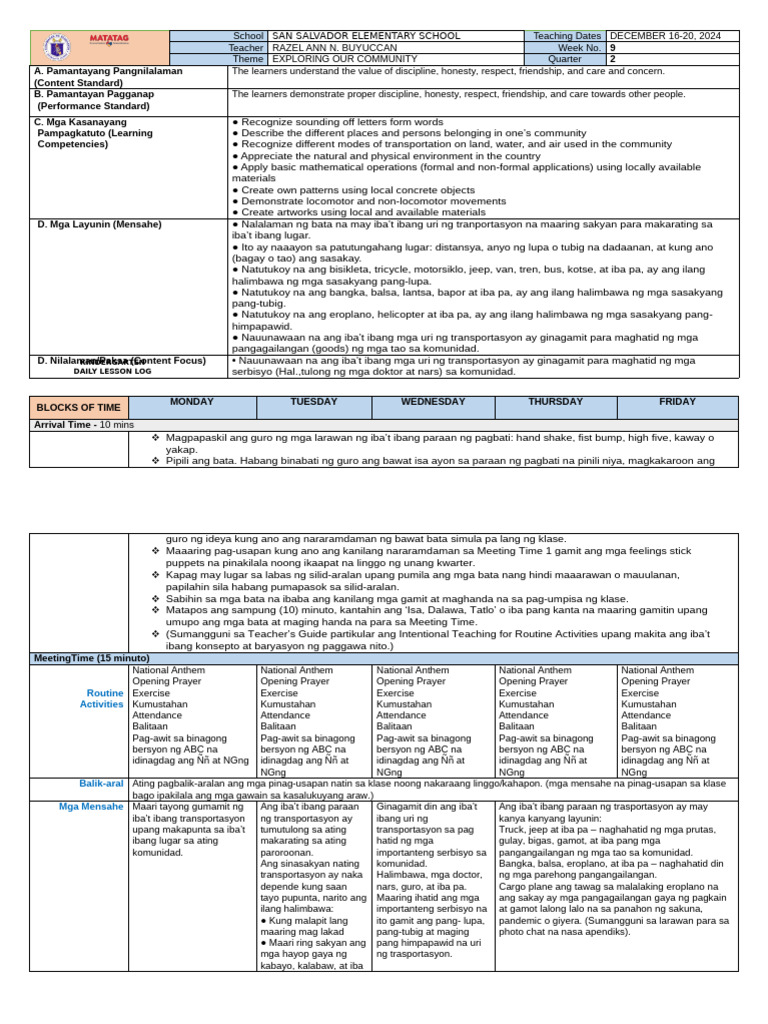 Kindergarten DLL Matatag Q2 Week 9 | PDF