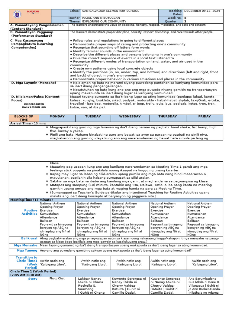 Kindergarten DLL Matatag Q2 Week 8 | PDF