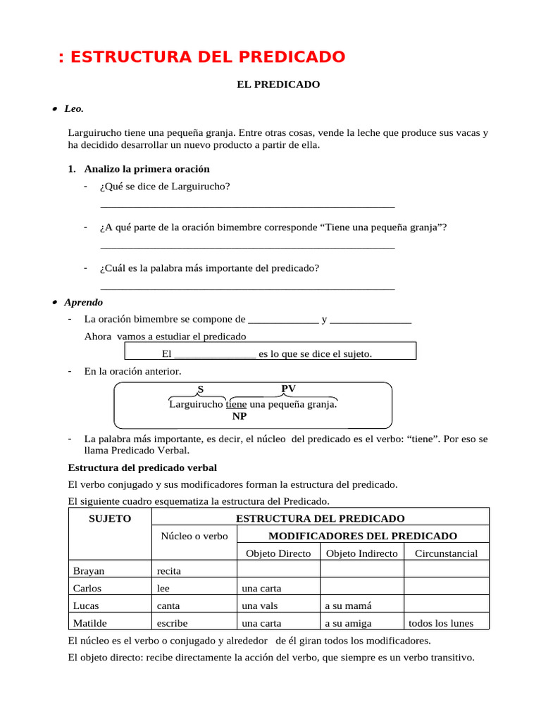 Estructura Del Predicado | PDF | Verbo | Predicado (Gramática)