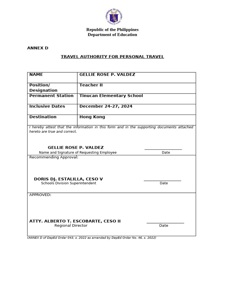 Travel Authority for Personal Travel | PDF