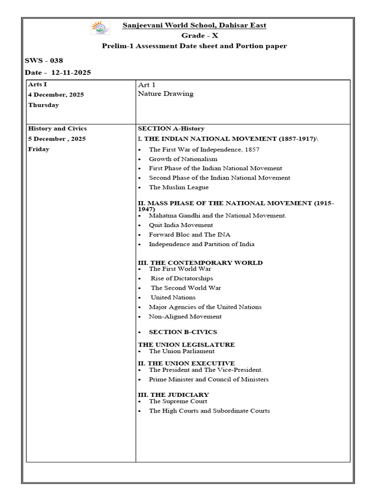 Date Sheet and Portion Grade X - Prelims I - SWS 038 | PDF | Chemistry ...
