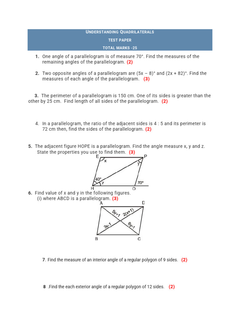 Understanding Quadrilateral Test Paper | PDF