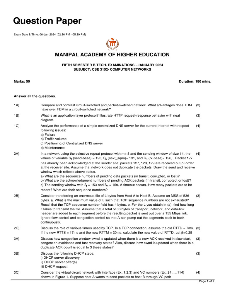 Computer Networks (CSE 3152) (Makeup) | PDF | Transmission Control ...