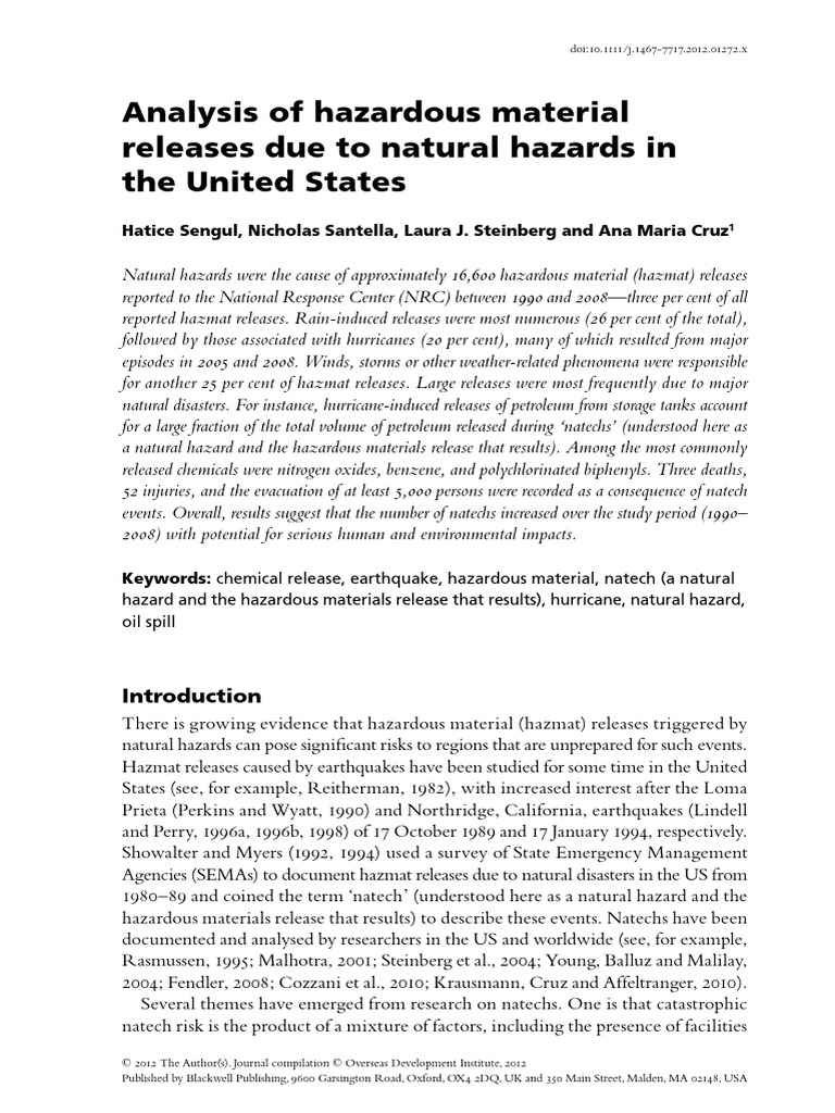 Analysis of Hazardous Material Releases Due to Natural Hazards in the U ...