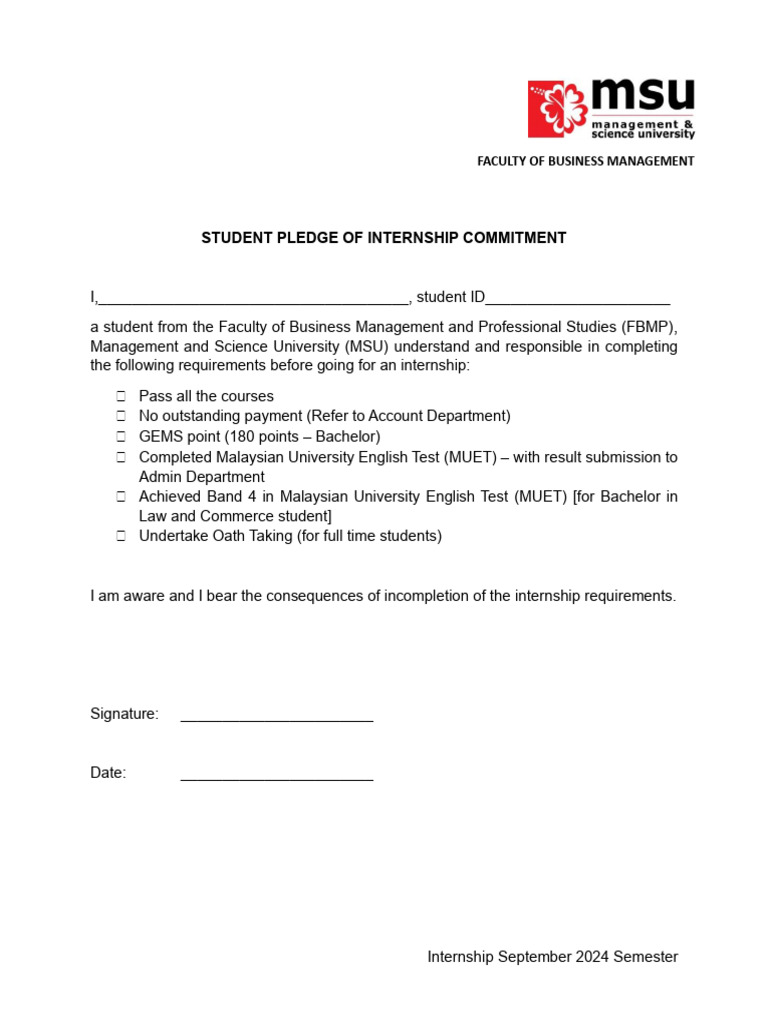 Student Pledge of Internship Commitment Bach | PDF