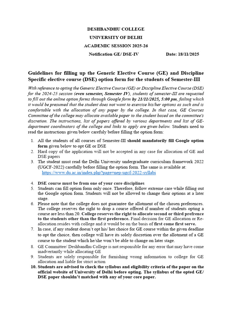 GE/DSE Course Selection Guidelines 2025 | PDF