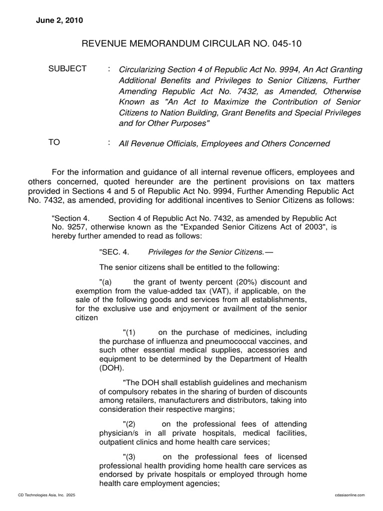 Circularizing Section 4 of Republic Act No. 9994, An Act Granting ...