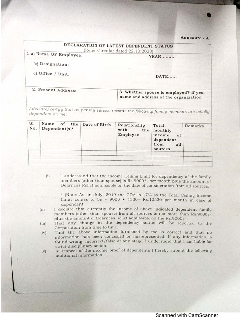 Declaration of Latest Dependent Status Format | PDF