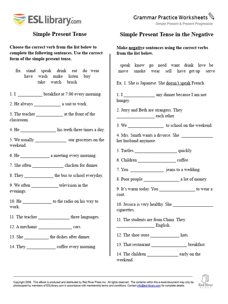 Grammar Practice Worksheets - Simple Present - From ESL-Library.com ...
