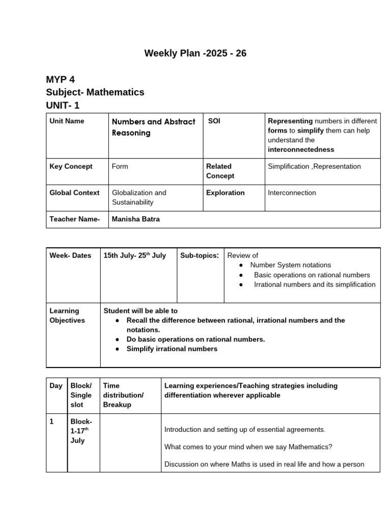 MYP 4 Weekly Plan Unit 1 Manisha 25 26 | PDF | Exponentiation ...