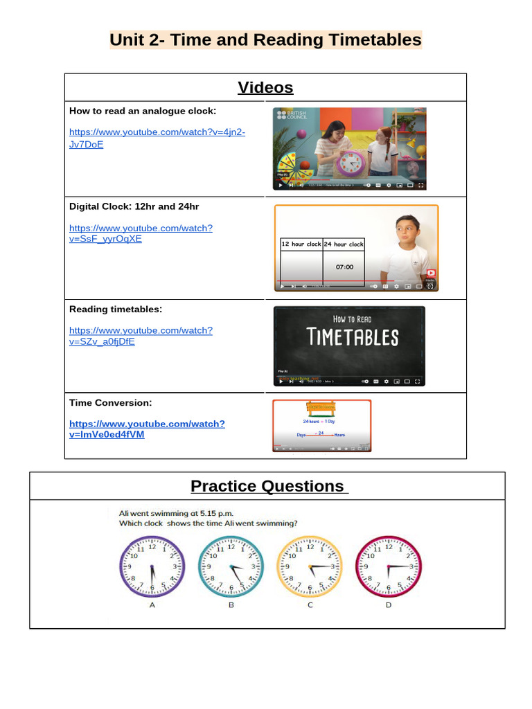 Time and Timetable Reading Guide | PDF