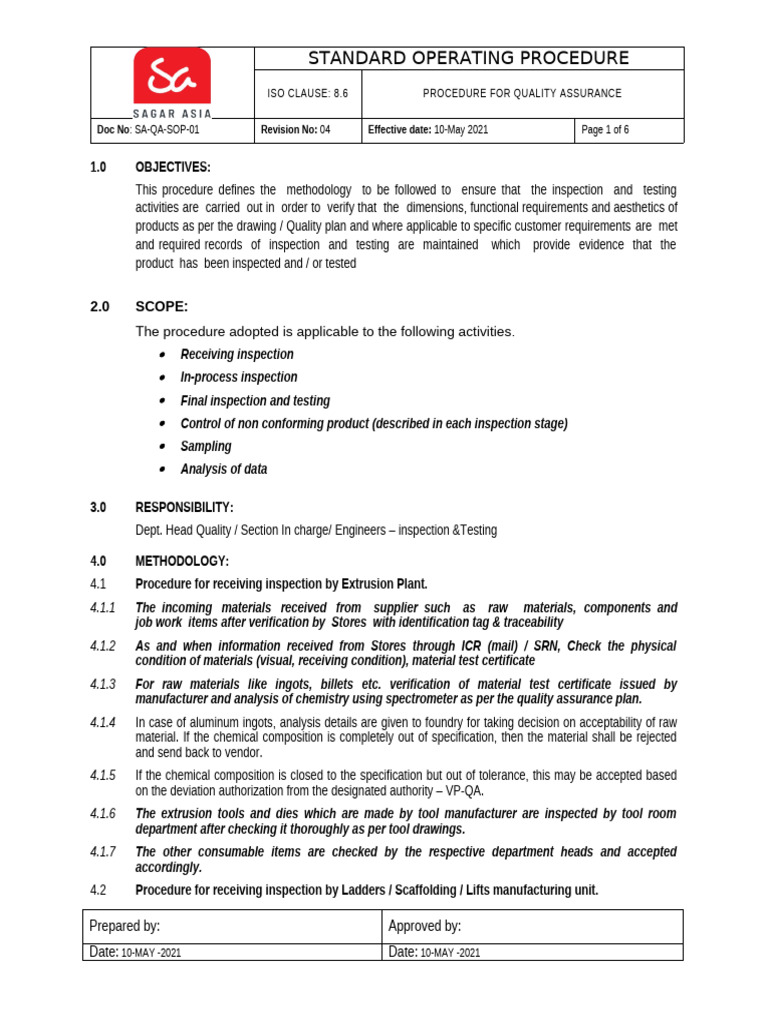 SA-QA-SOP-01 Rev 3 SOP For Quality Assurance 01 Oct 20 New | PDF | Quality Assurance ...