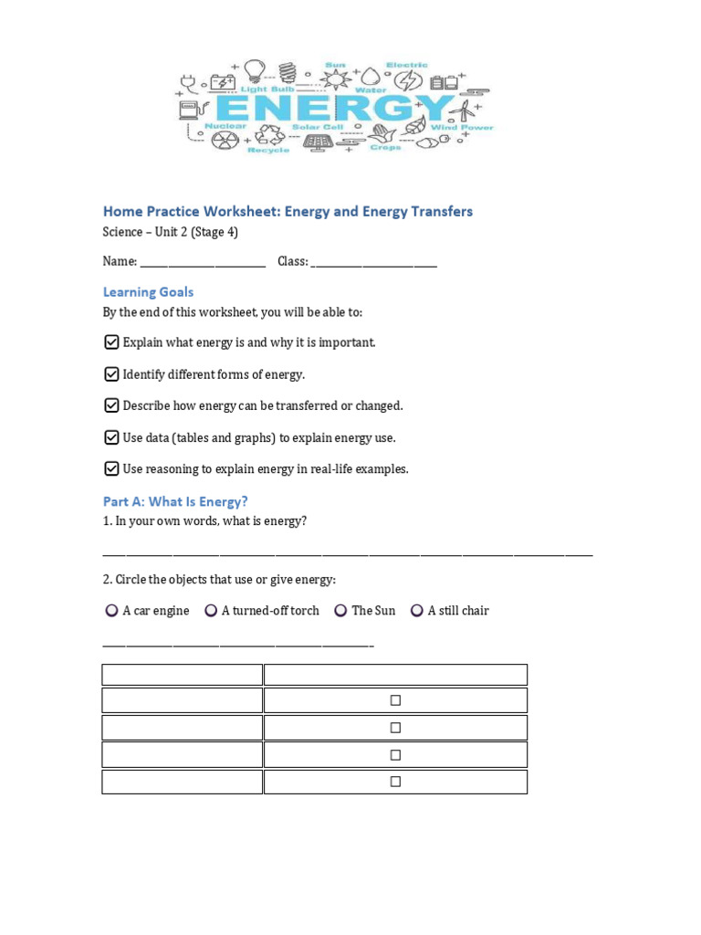 Grade 3 Energy and Energy Transfers Worksheet | PDF