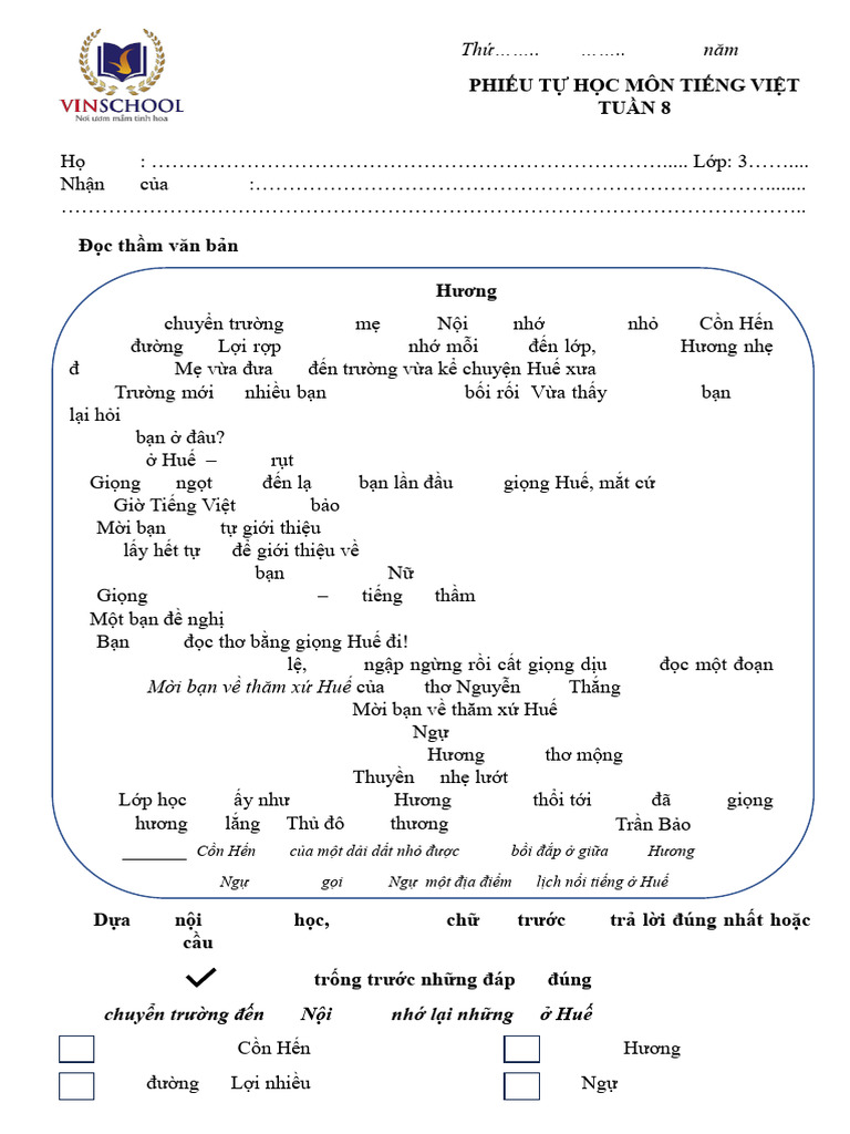 PCT TIẾNG VIỆT TUẦN 8 | PDF