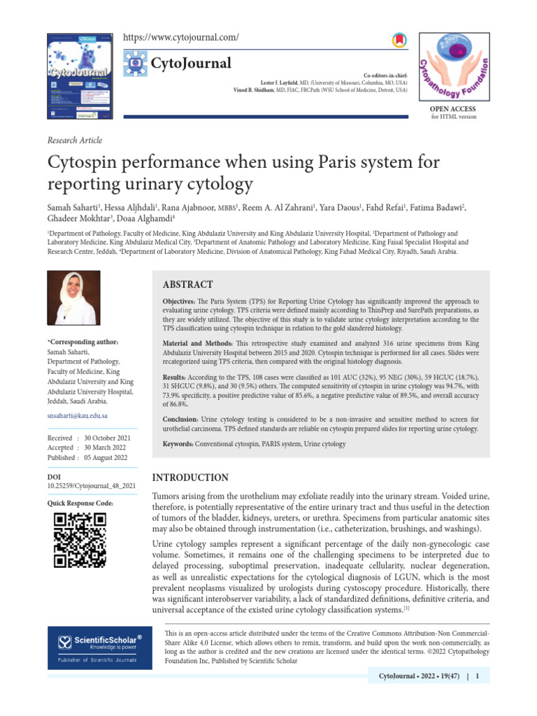Cytospin in Urine Cytology Analysis | PDF | Cytopathology | Sensitivity ...