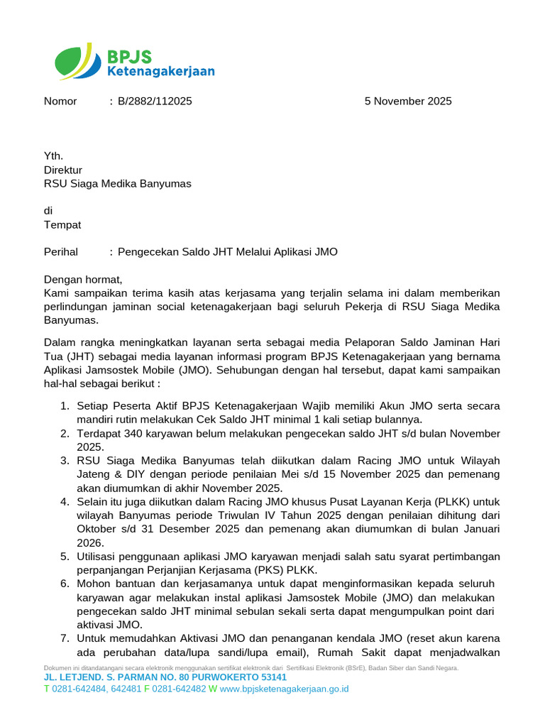 Surat Jmo Rsu Siaga Medika Banyumas | PDF