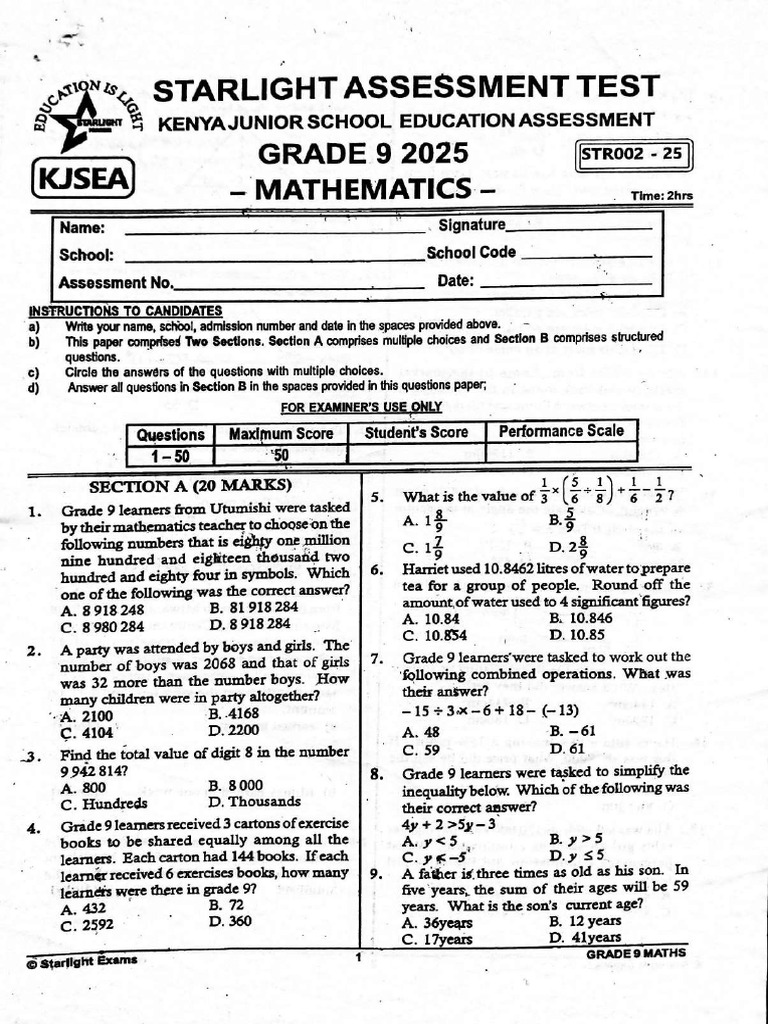 Grade 9 002 Starlight All Subjects With Marking Scheme PDF | PDF