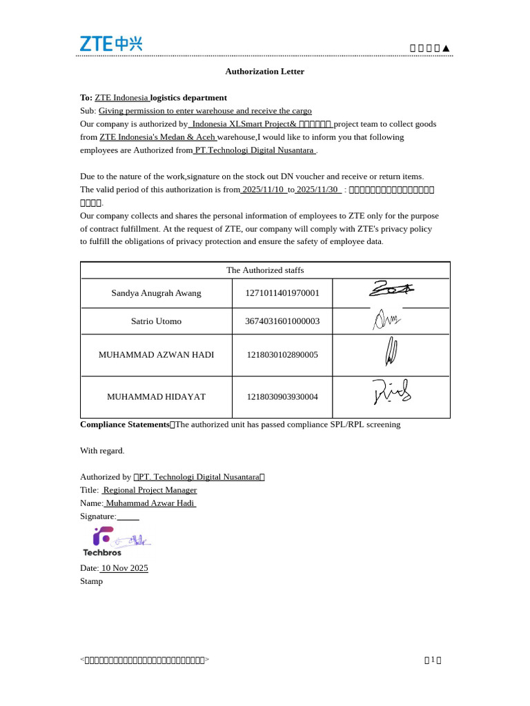 Authorization Letter-PT. Technology Digital Nusantara. | PDF