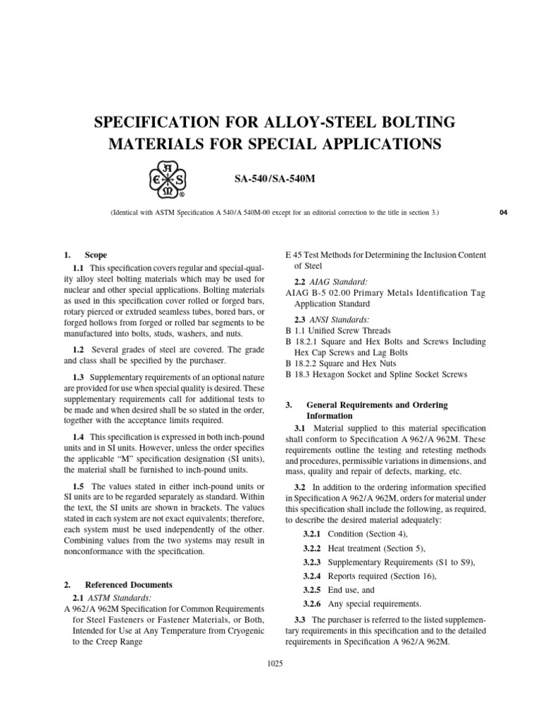 Alloy Steel Bolting Specification SA-540 | PDF | Screw | Heat Treating