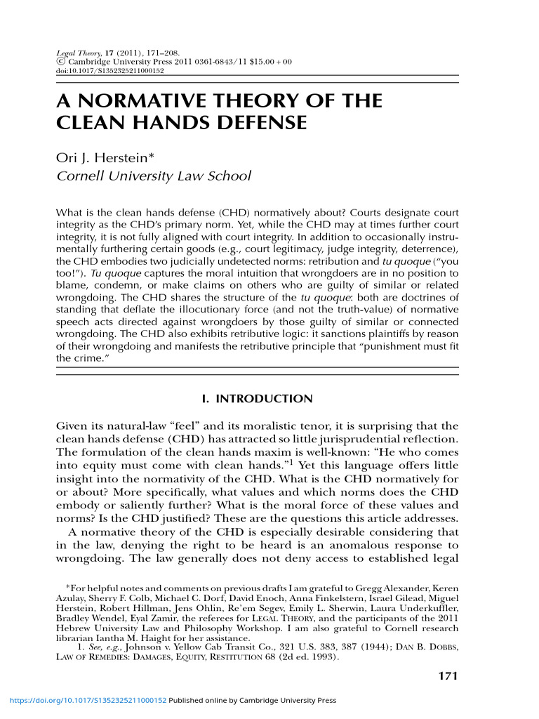 A Normative Theory of The Clean Hands Defense | PDF | Lawsuit | Legal ...