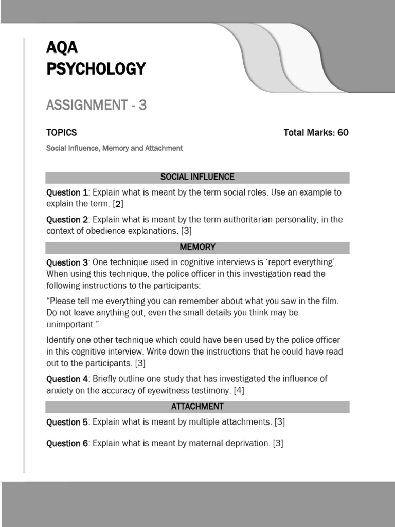 AQA Psychology Assignment: Social Influence, Memory, Attachment | PDF