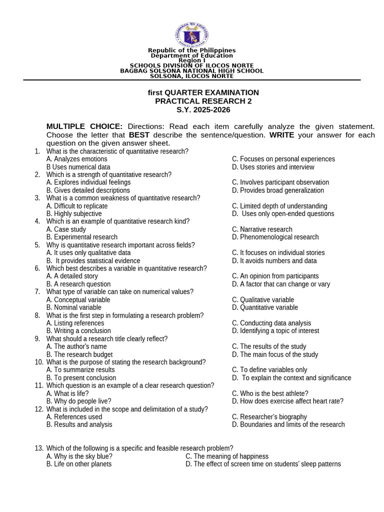 Practical Research 2 Exam Questions | PDF | Quantitative Research ...