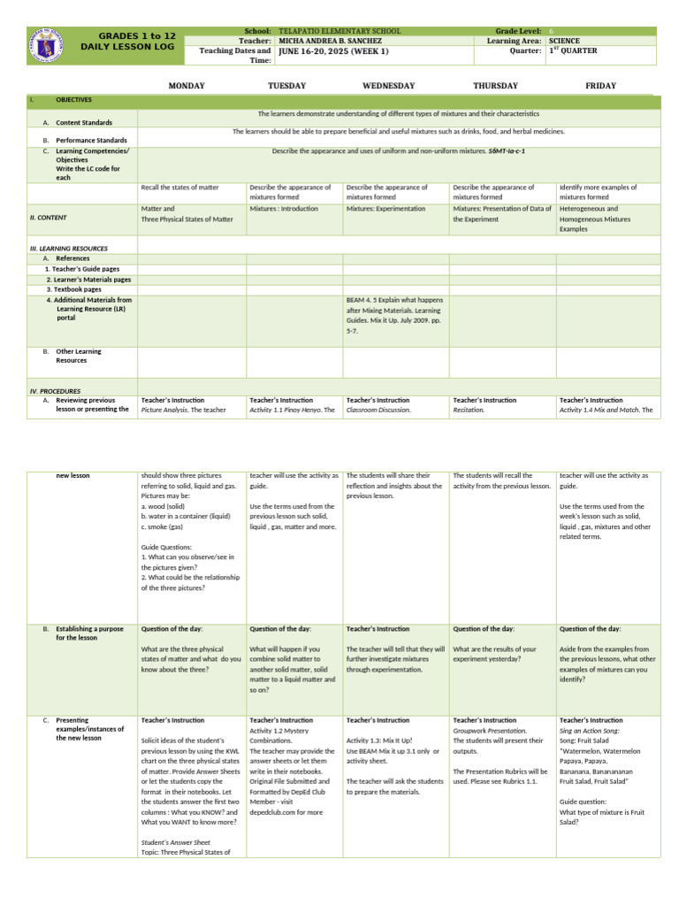 DLL - Science 6 - Q1 - W1 | PDF | Mixture | Learning