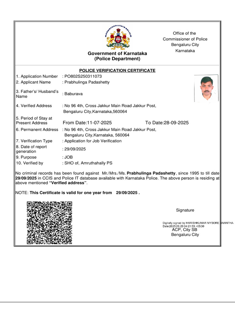 Karnataka Police Verification Certificate | PDF